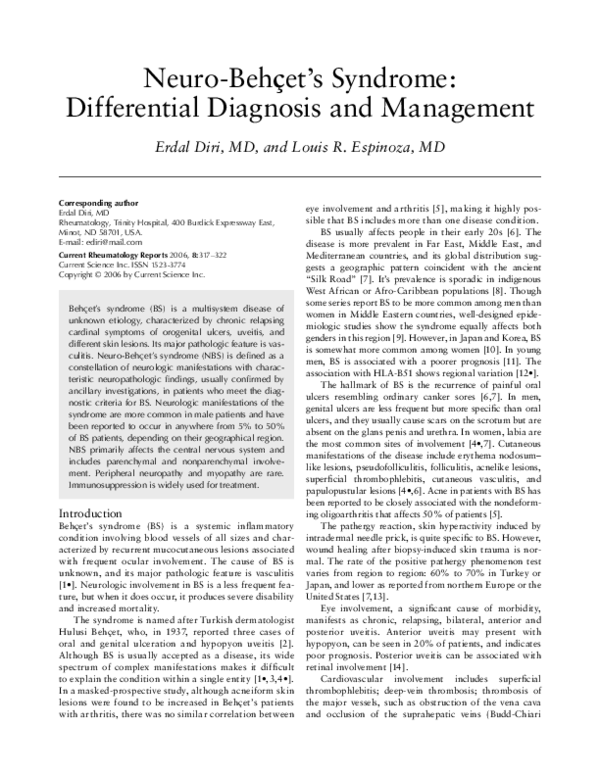 (PDF) Differential Diagnosis and Management of Neuro-Behçet's Syndrome