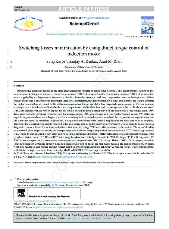 Pdf Switching Losses Minimization By Using Direct Torque Control Of