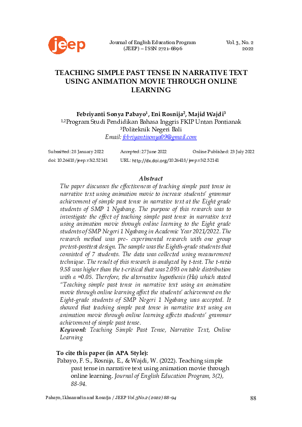 (PDF) Teaching Simple Past Tense in Narrative Text Using Animation ...