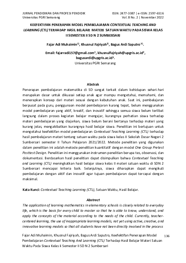 (PDF) Keefektifan Penerapan Model Pembelajaran Contextual Teaching and Learning (CTL) Terhadap ...