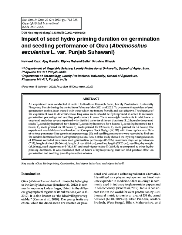 (PDF) Impact of seed hydro priming duration on germination and seedling performance of Okra ...