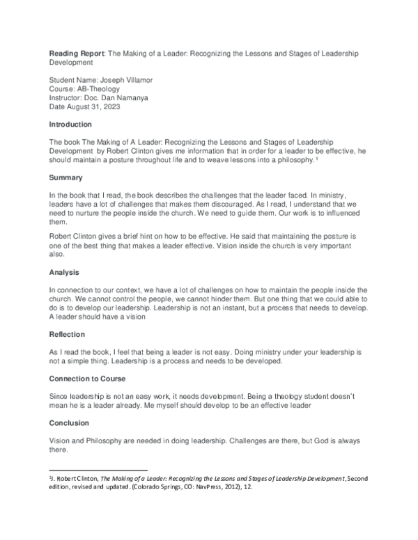 (PDF) Reading Report: The Making of a Leader: Recognizing the Lessons ...