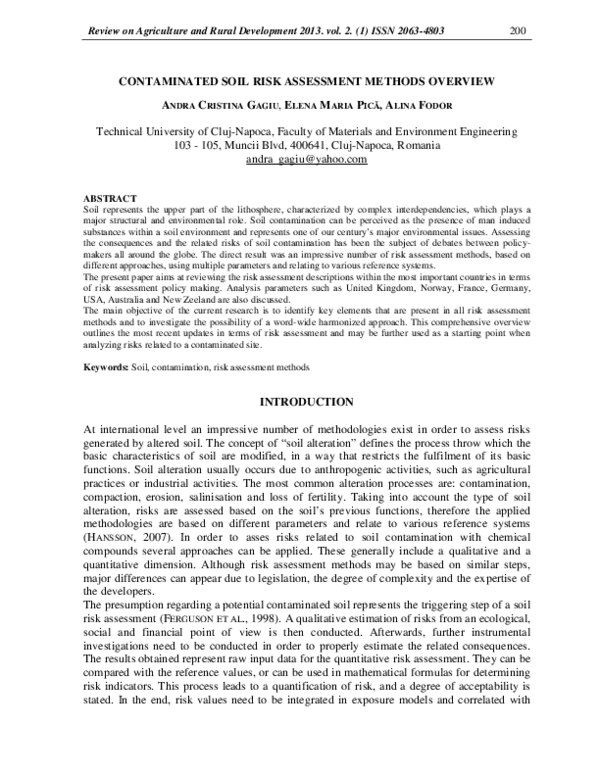 (PDF) Contaminated soil risk assessment methods overview