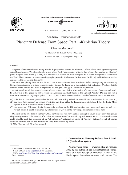 (PDF) Planetary Defense From Space: Part 1-Keplerian Theory | claudio maccone - Academia.edu