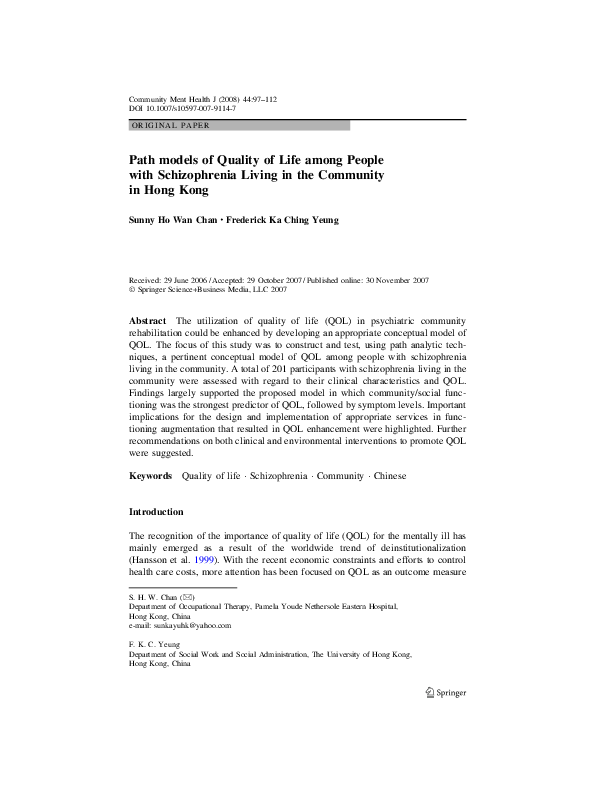 (PDF) Path models of Quality of Life among People with Schizophrenia ...
