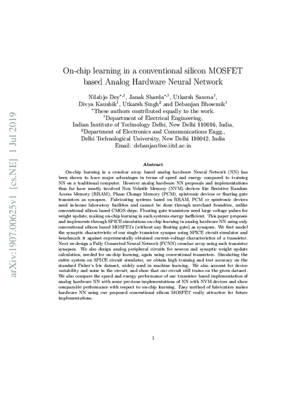 (PDF) On-chip Learning In A Conventional Silicon MOSFET Based Analog Hardware Neural Network
