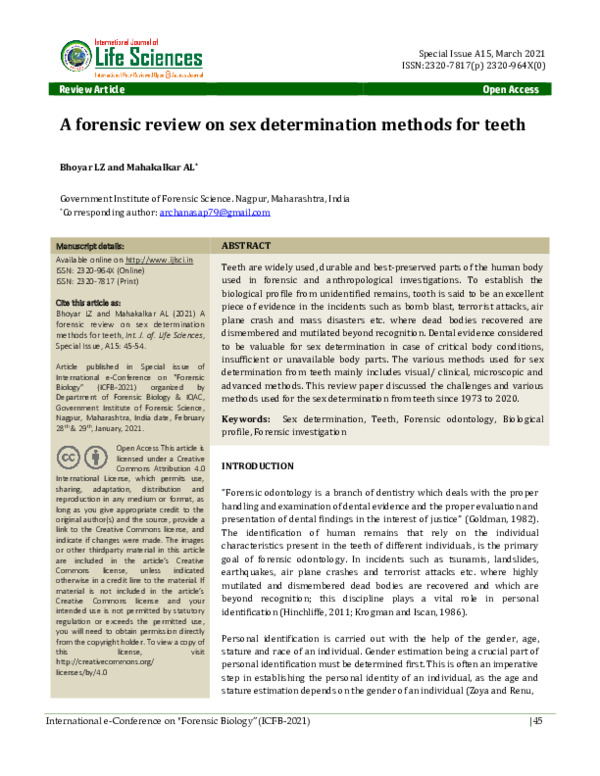 (PDF) A forensic review on sex determination methods for teeth