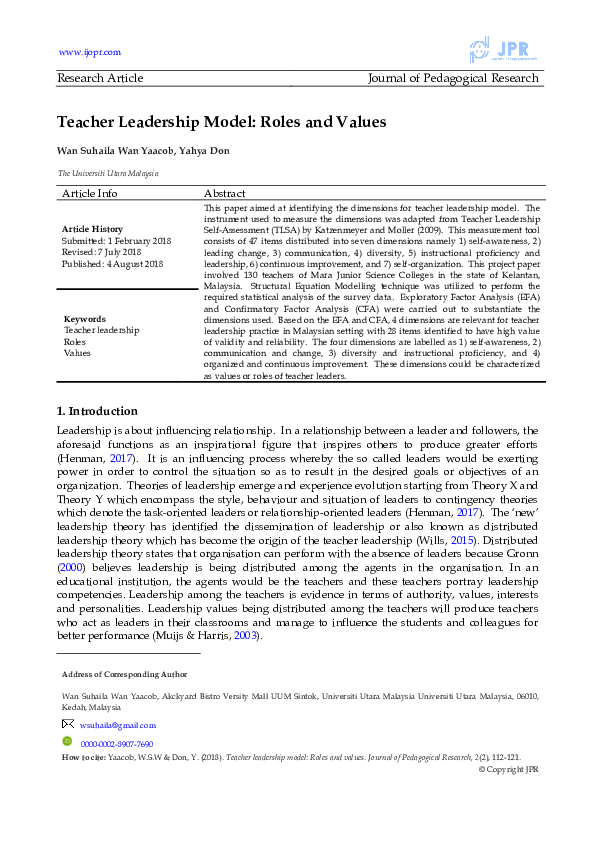 (PDF) Teacher Leadership Model: Roles and Values