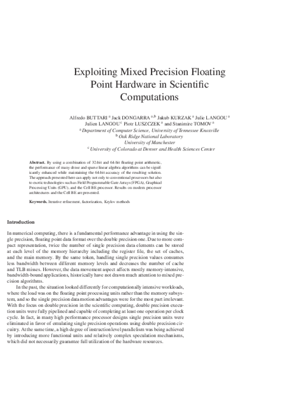 Pdf Exploiting Mixed Precision Floating Point Hardware In Scientific Computations Stanimire