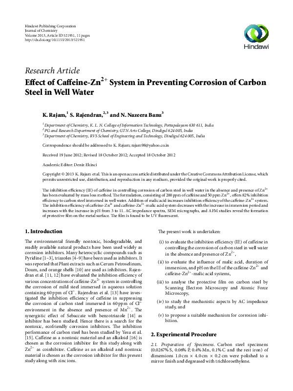 (PDF) Effect of Caffeine-Zn 222 System in Preventing Corrosion of ...