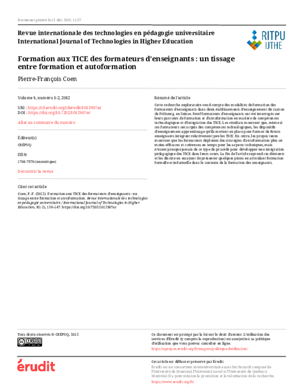 (PDF) Formation aux TICE des formateurs d’enseignants : un tissage entre formation et autoformation