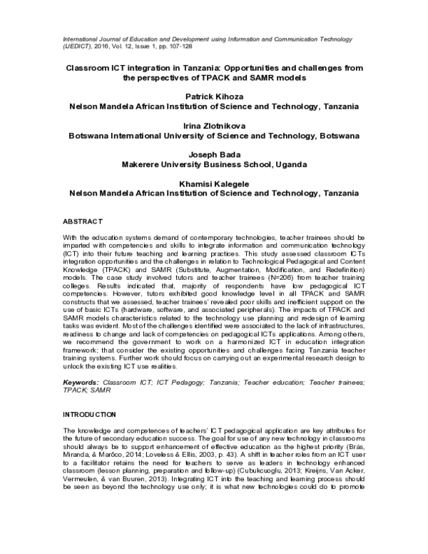 (PDF) Classroom ICT integration in Tanzania: Opportunities and challenges from the perspectives ...