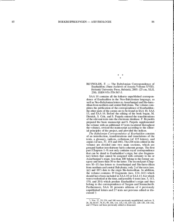 (PDF) Review of F. Reynolds, The Babylonian Correspondence of ...