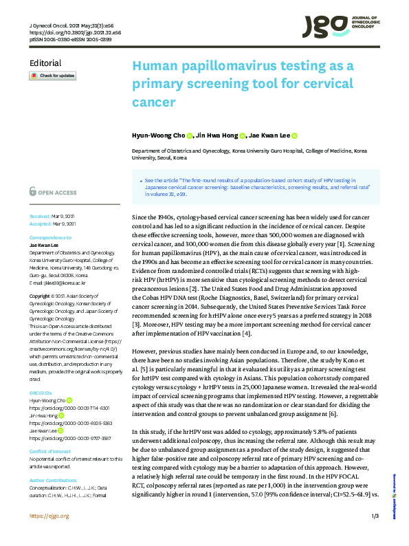 (PDF) Human papillomavirus testing as a primary screening tool for ...