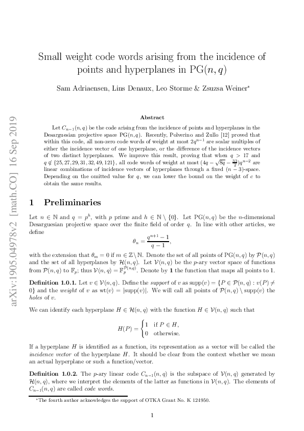 (PDF) Small weight code words arising from the incidence of points and ...