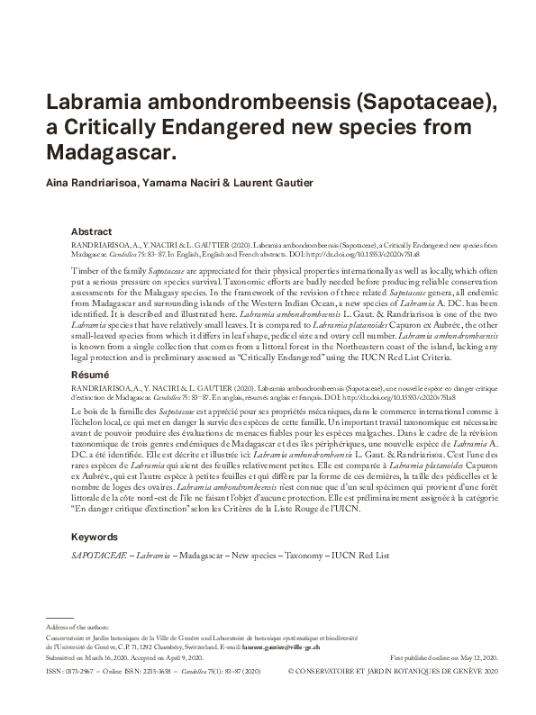 (PDF) Labramia ambondrombeensis (Sapotaceae), a Critically Endangered new species from Madagascar