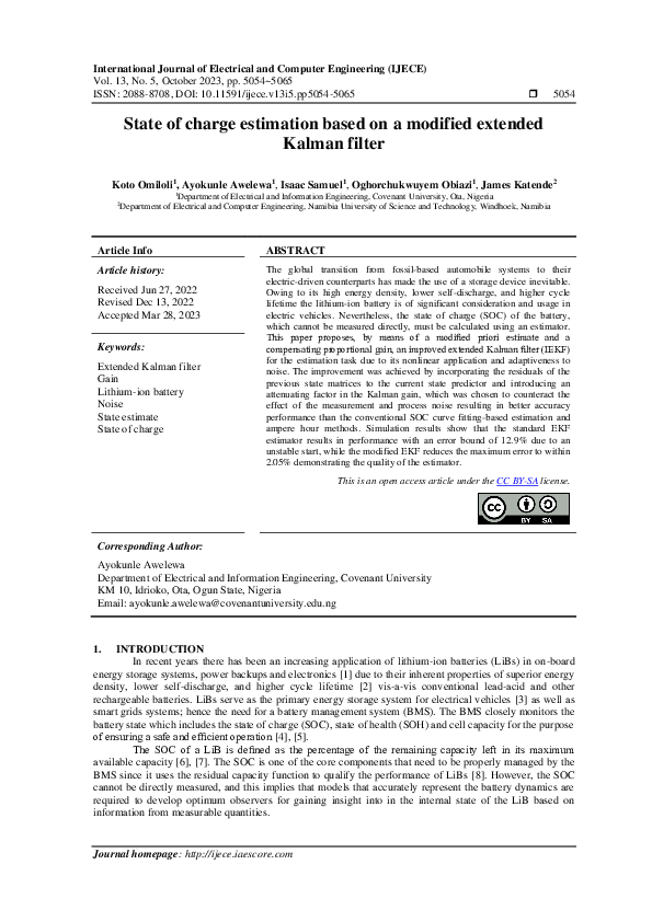 Pdf State Of Charge Estimation Based On A Modified Extended Kalman Filter