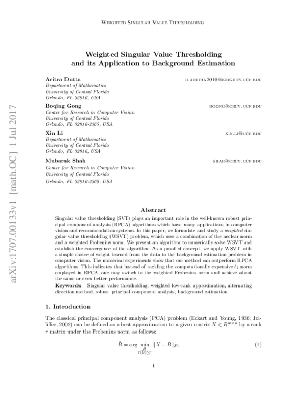 (PDF) Weighted Singular Value Thresholding and its Application to Background Estimation