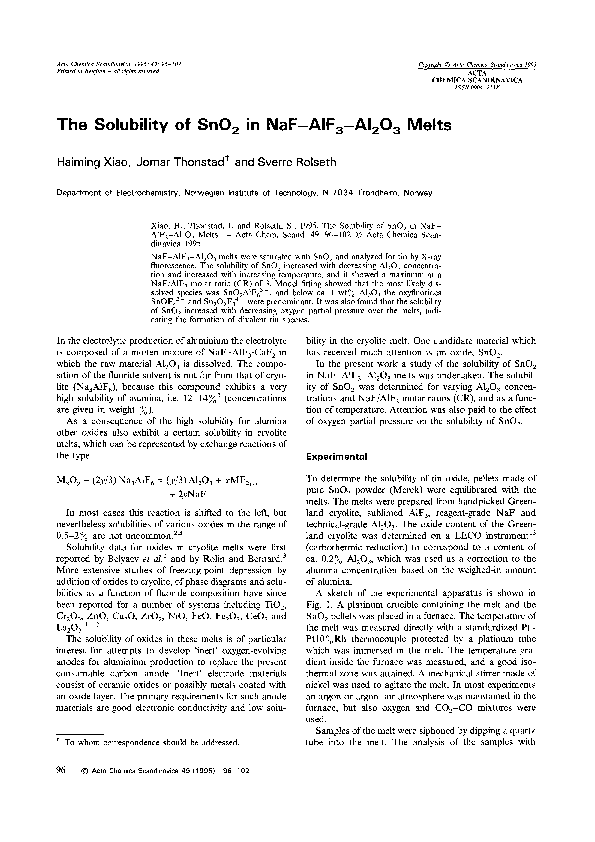 (PDF) The Solubility of SnO2 in NaF--AlF3--Al2O3 Melts