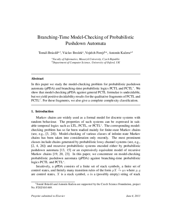 (PDF) Branching-Time Model-Checking of Probabilistic Pushdown Automata