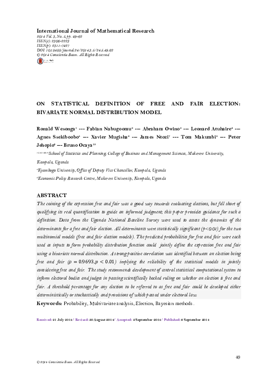 (PDF) On Statistical Definition of Free and Fair Election: Bivariate ...