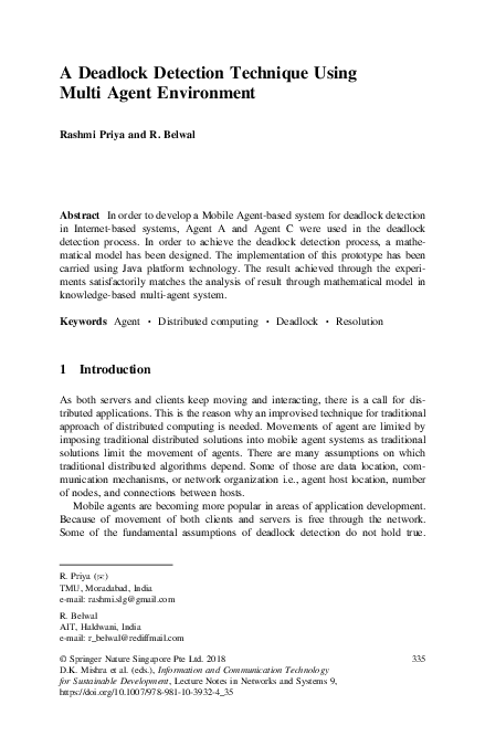 (PDF) A Deadlock Detection Technique Using Multi Agent Environment