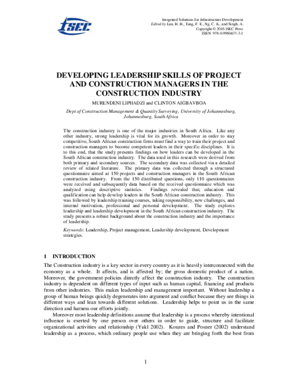 (PDF) Developing Leadership Skills of Project and Construction Managers ...
