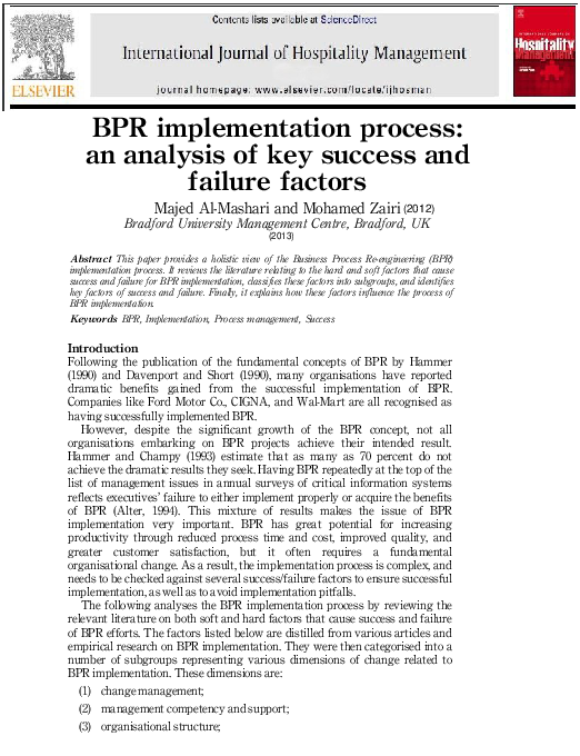 (PDF) BPR implementation process: an analysis of key success and failure factors