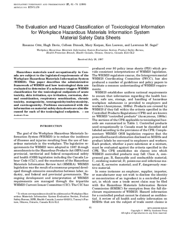 (PDF) The Evaluation and Hazard Classification of Toxicological ...