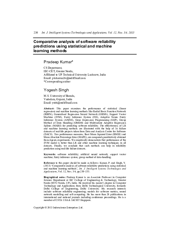 (PDF) Comparative analysis of software reliability predictions using statistical and machine ...