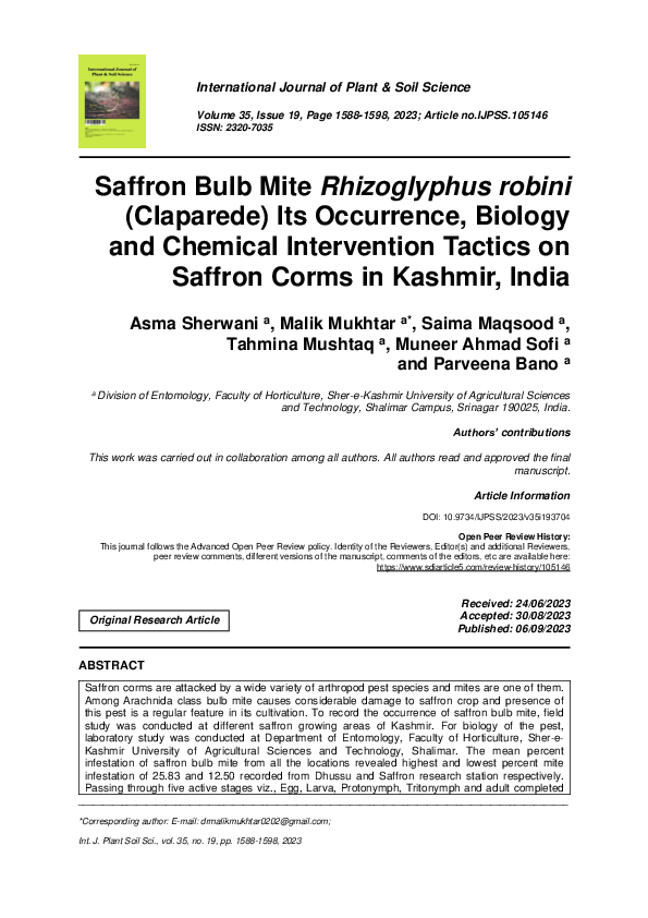 (PDF) Saffron Bulb Mite Rhizoglyphus robini (Claparede) Its Occurrence ...