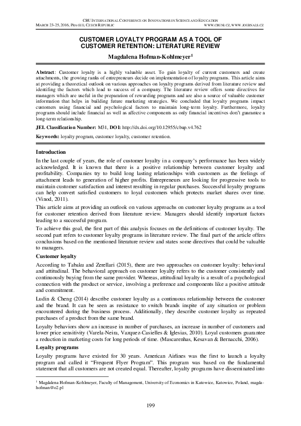 (PDF) Customer Loyalty Program as a Tool of Customer Retention ...