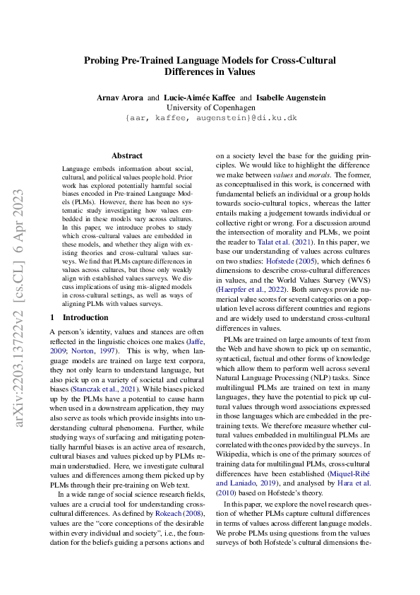 (PDF) Probing Pre-Trained Language Models for Cross-Cultural Differences in Values