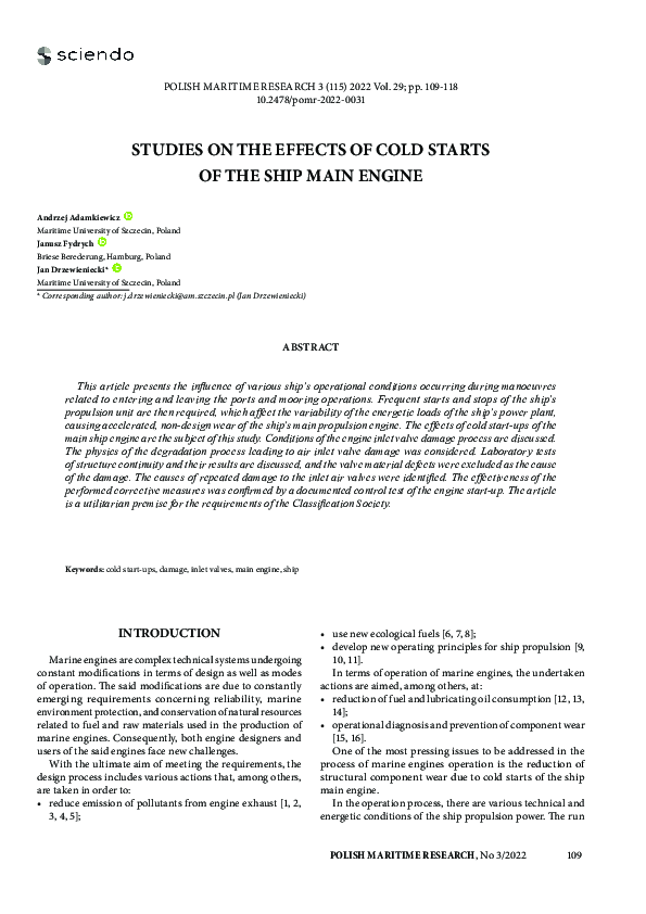 (PDF) Studies on the Effects of Cold Starts of the Ship Main Engine