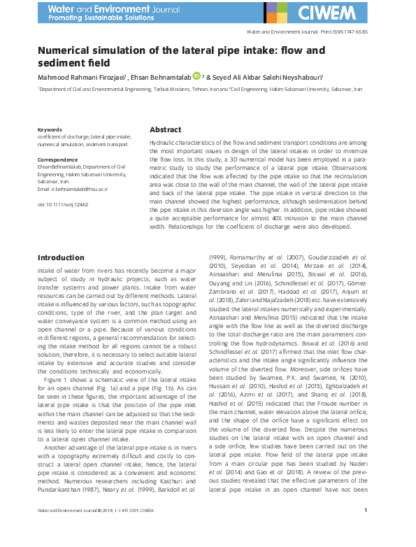 (PDF) Numerical simulation of the lateral pipe intake: flow and sediment field