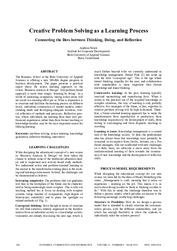 (PDF) Creative Problem Solving as a Learning Process Connecting the Dots between Thinking, Doing ...