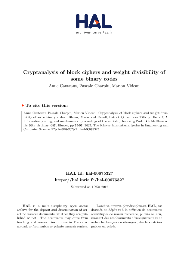 (PDF) Cryptanalysis of block ciphers and weight divisibility of some binary codes