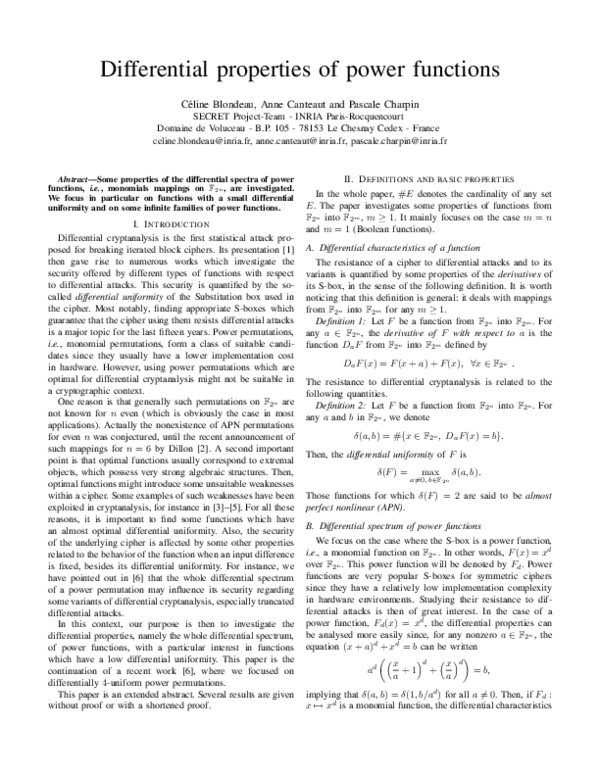 (PDF) Differential properties of power functions