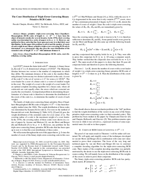 (PDF) The coset distribution of triple-error-correcting binary primitive BCH codes