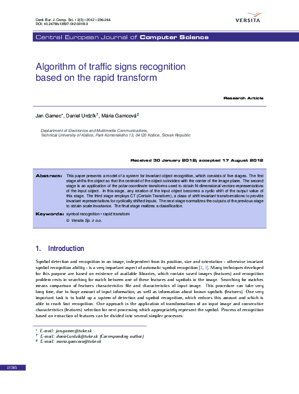 (PDF) Algorithm of traffic signs recognition based on the rapid transform