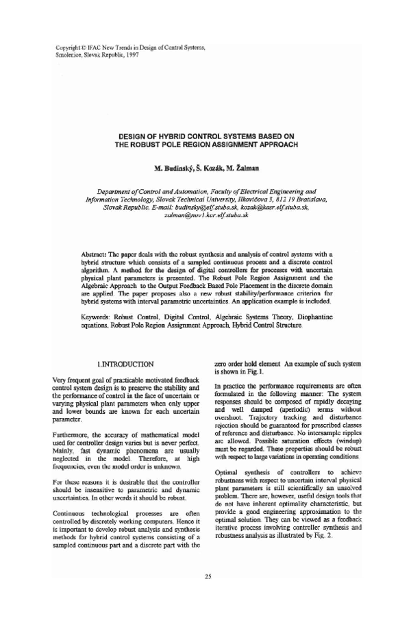 Pdf Design Of Hybrid Control Systems Based On The Robust Pole Region Assignment Approach