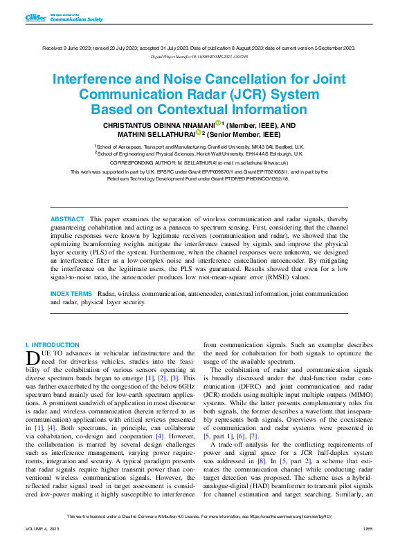 (PDF) Interference and Noise Cancellation for Joint Communication Radar (JCR) System Based on ...