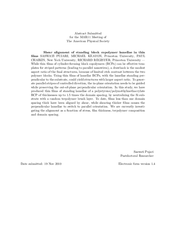 (PDF) Shear alignment of standing block copolymer lamellae in thin films