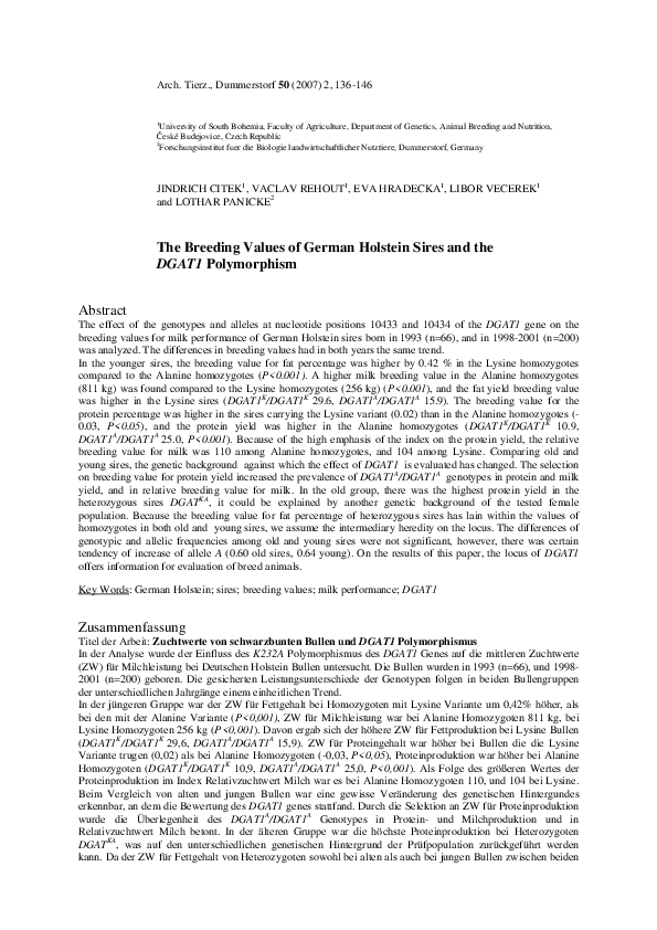 (PDF) The Breeding Values of German Holstein Sires and the DGAT1 ...