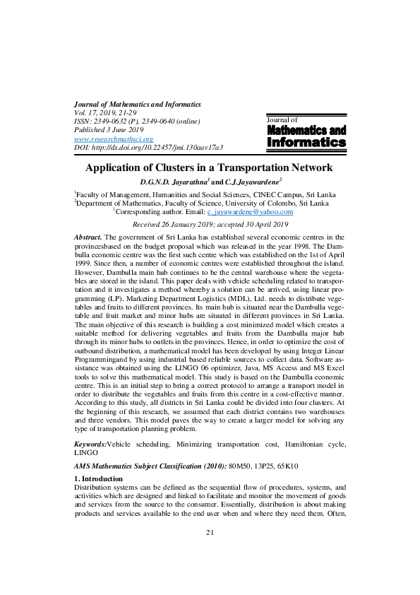 (PDF) Application of Clusters in a Transportation Network