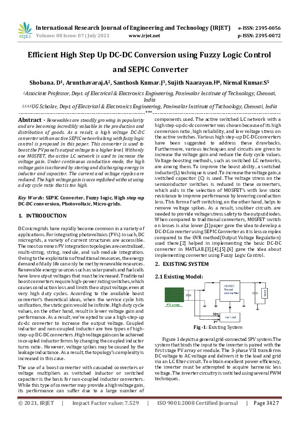 (PDF) Efficient High Step Up DC-DC Conversion using Fuzzy Logic Control and SEPIC Converter