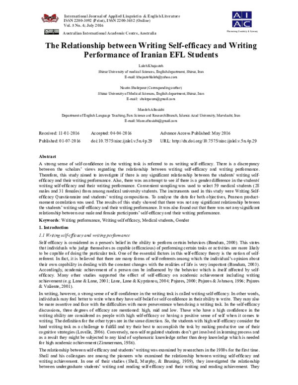 Pdf The Relationship Between Writing Self Efficacy And Writing