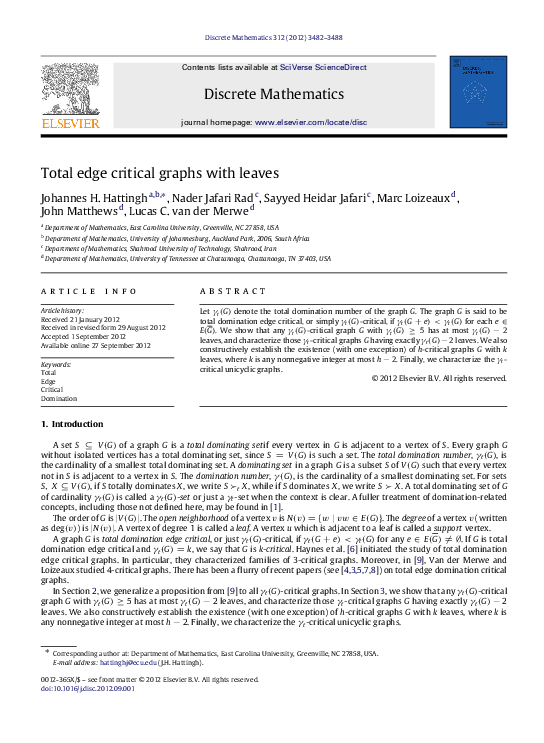 (PDF) Total edge critical graphs with leaves | Johannes Hattingh ...