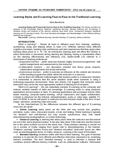 (PDF) Learning Styles and E-Learning Face-to-Face to the Traditional ...