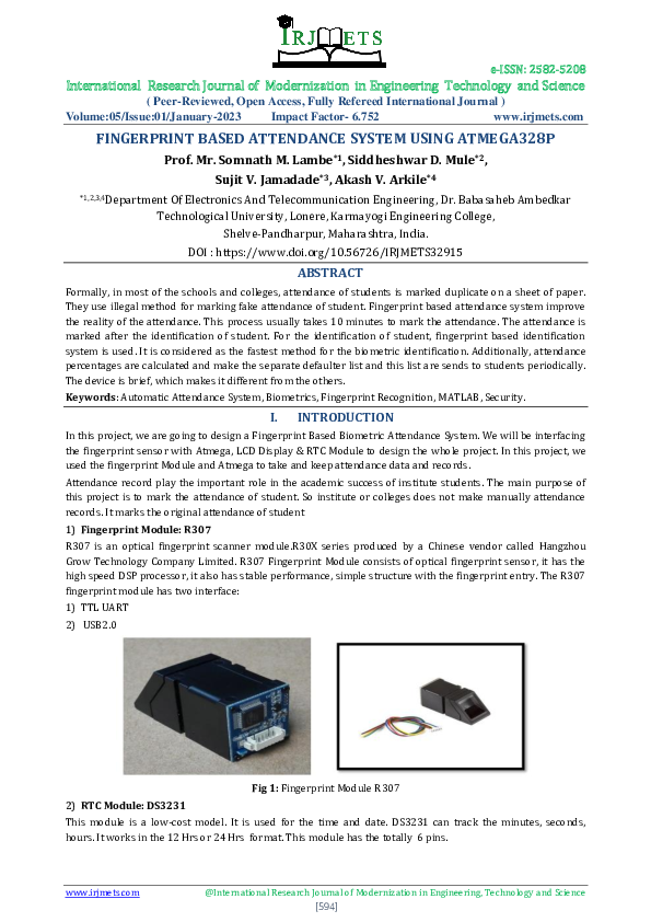 Pdf Fingerprint Based Attendance System Using Atmega328p